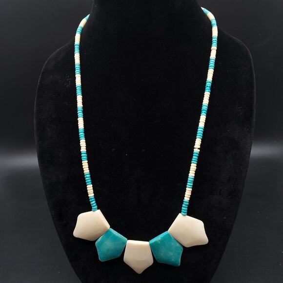 Unknown | Jewelry | Vintage Carved Shell Necklace Blue Cream Beachy 97s ...